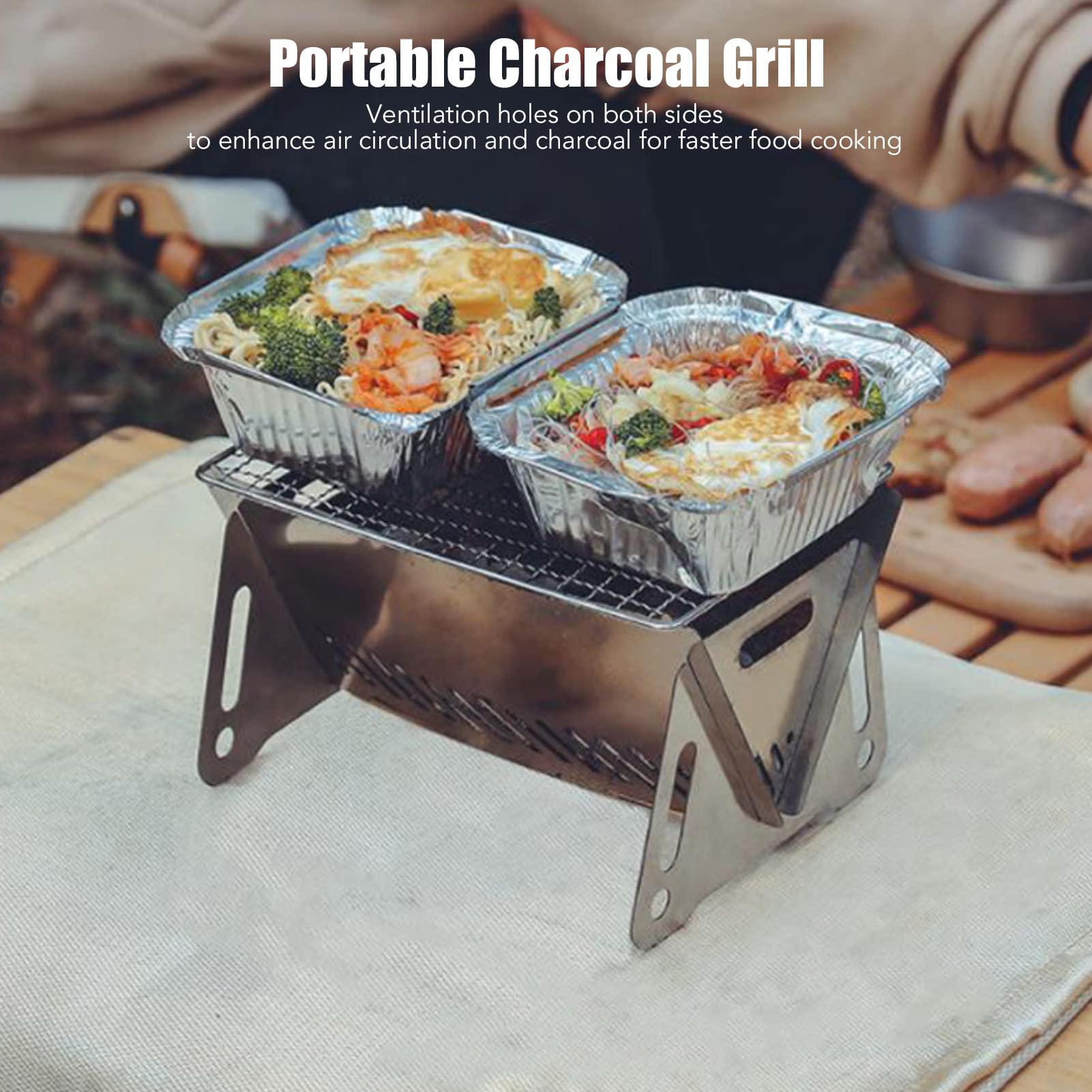 Topyond Foldable BBQ Grill, Portable Stainless Steel Charcoal Grill with Ventilation Holes, Heat Resistant Campfire Grill for Outdoor Cooking, Camping, Patio Use