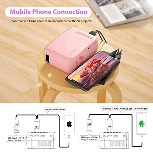 Portable Projector, Outdoor Projector, LED Aesthetic Video Mini Projector for Outdoor Portable Movies Compatible with HDMI, USB, Laptop, TV Stick, iOS and Android Phone, Pink