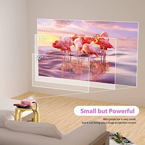 Portable Projector, Outdoor Projector, LED Aesthetic Video Mini Projector for Outdoor Portable Movies Compatible with HDMI, USB, Laptop, TV Stick, iOS and Android Phone, Pink