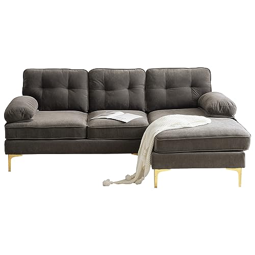 BIADNBZ 83" Velvet Sectional Sofa with Right Chaise, Modern L-Shaped Couch with Armrest for Living Room Bedroom Corner, Brown