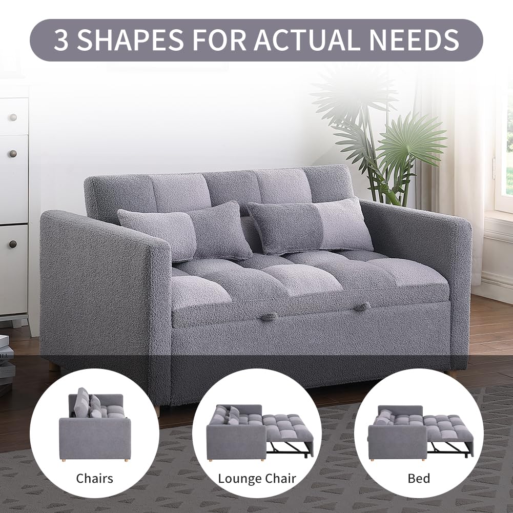 Loveseat Sleeper Sofa- 3 in 1 Convertible Sofa Bed,Pull Out Couch with Adjustable Backrest,Multi-Functional Lounge Chair with Teddy Fabric for Living Room,Small Space (Grey)