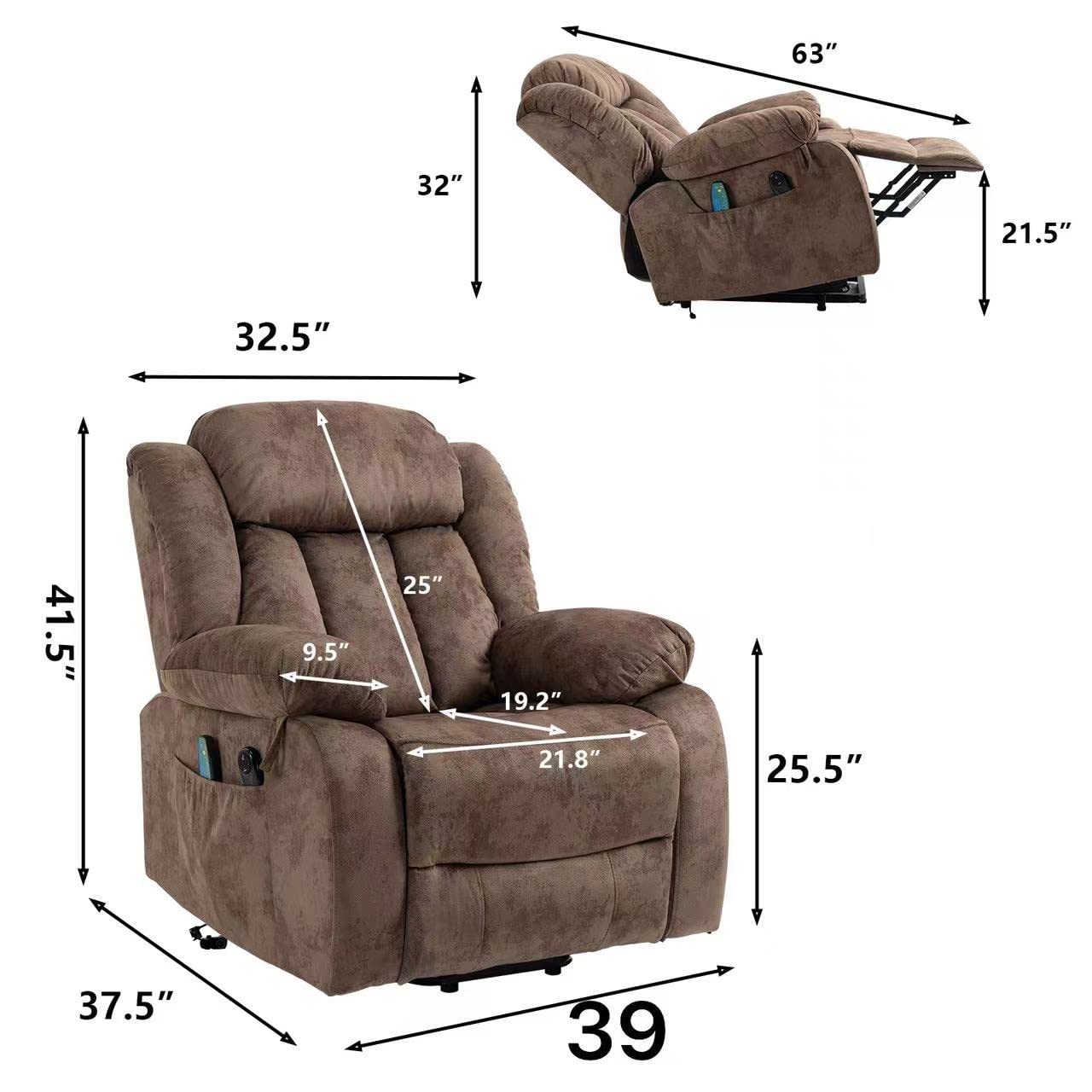 POCIYIHOME 33.5" Electric Power Lift Recliner Chair Sofa with Massage Heating Function for Elderly, Side Pockets, Remote Control, 3 Positions, High-Tech Lift Relax Chair for Living Room, Blue