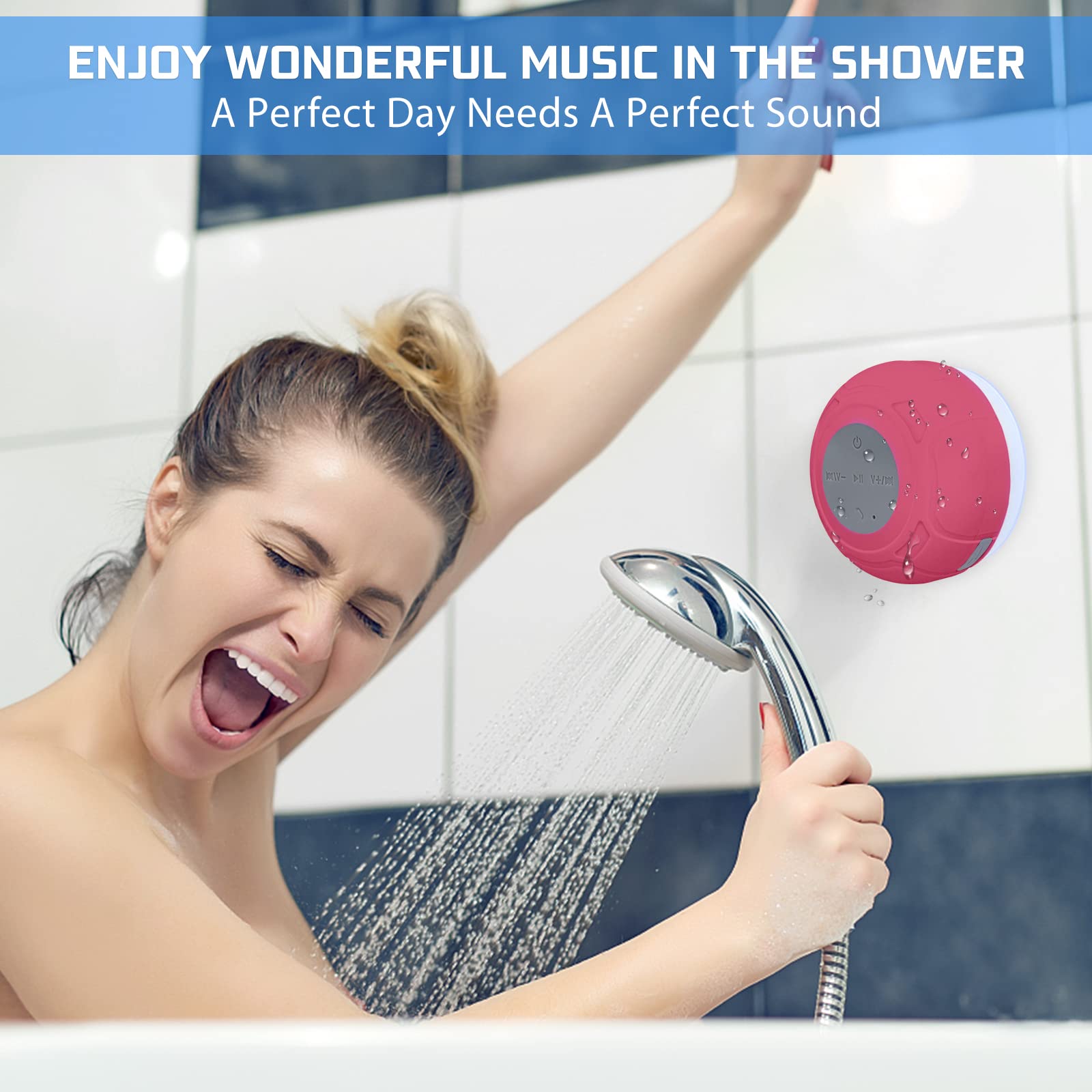 Annlend Portable Bluetooth Shower Speaker Waterproof Wireless Mini Small Cute Water Resistant Speaker Suction Cup, Built-in Mic Speakerphone Outdoor Magenta