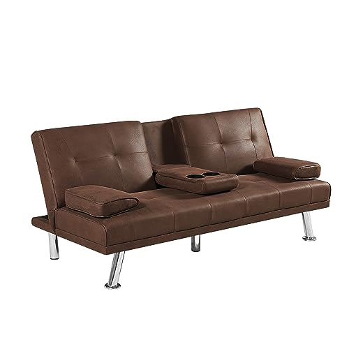 Haplized Leather Futon Sofa Bed, Convertible Folding Couch with Armrest and 2 Cupholders, Sofa Bed Couch for Living Room, Small Place (Coffee)