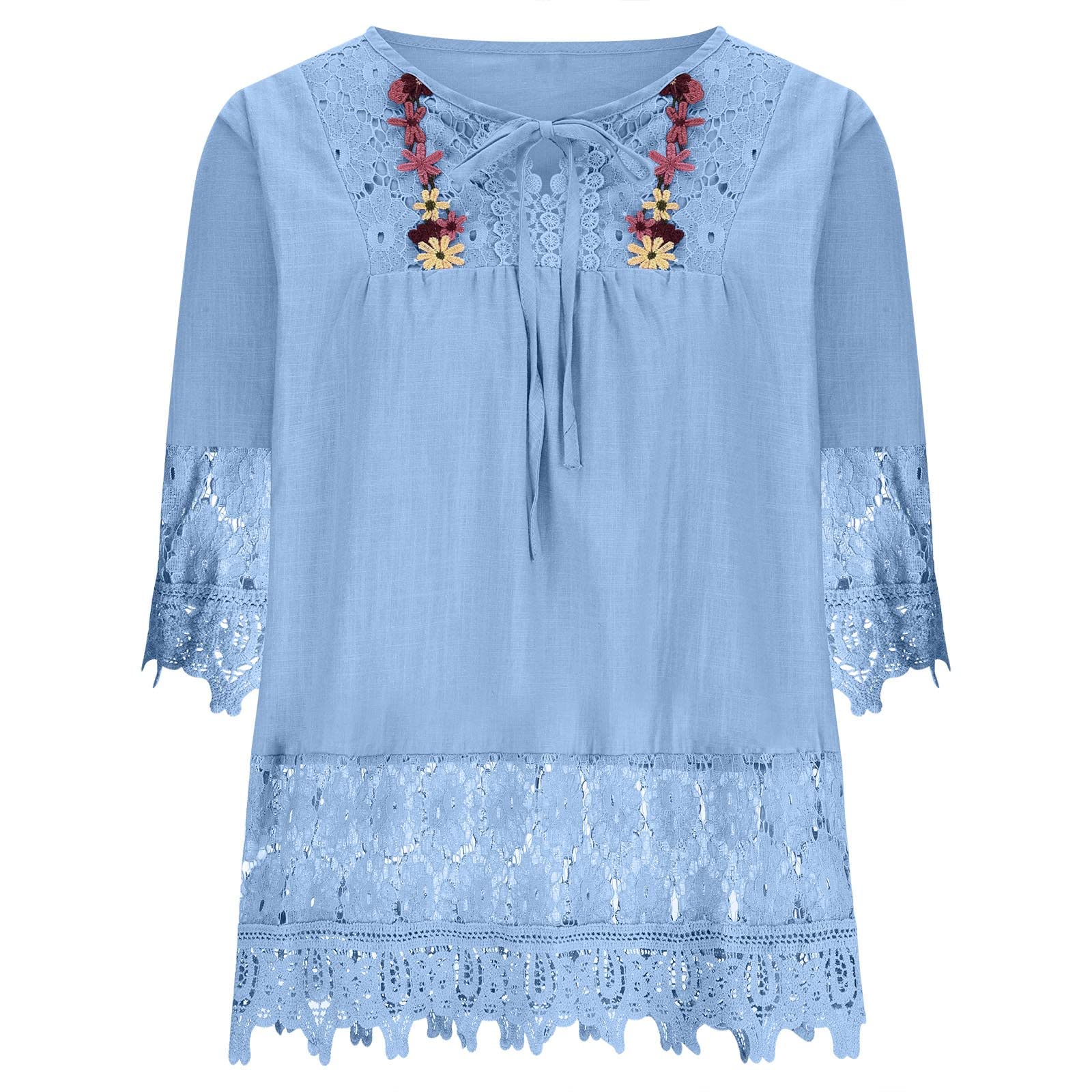Womens 3/4 Sleeve Shirts Casual Bow V Neck Lace Tops Blouse Fashion Boho Shirts for Women
