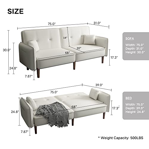 Modern Tufted Futon Sofa Bed for Home Apartment, Living Room 2 Seaters Loveseat Sofa&Couch Convertible Sleeper Sofabed, 3 in 1 Love Seat Napping Couch with Wood Legs and Pillows