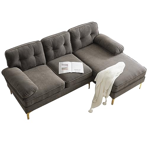 BIADNBZ 83" Velvet Sectional Sofa with Right Chaise, Modern L-Shaped Couch with Armrest for Living Room Bedroom Corner, Brown