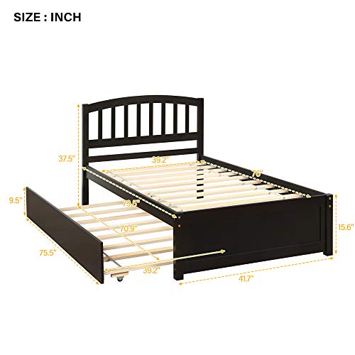 TARTOP Twin Size Platform Bed Wood Bed Frame with Trundle, Wood Bed Frame with Trundle and Slatted for Kids Teens Adults,No Box Spring Needed,Espresso