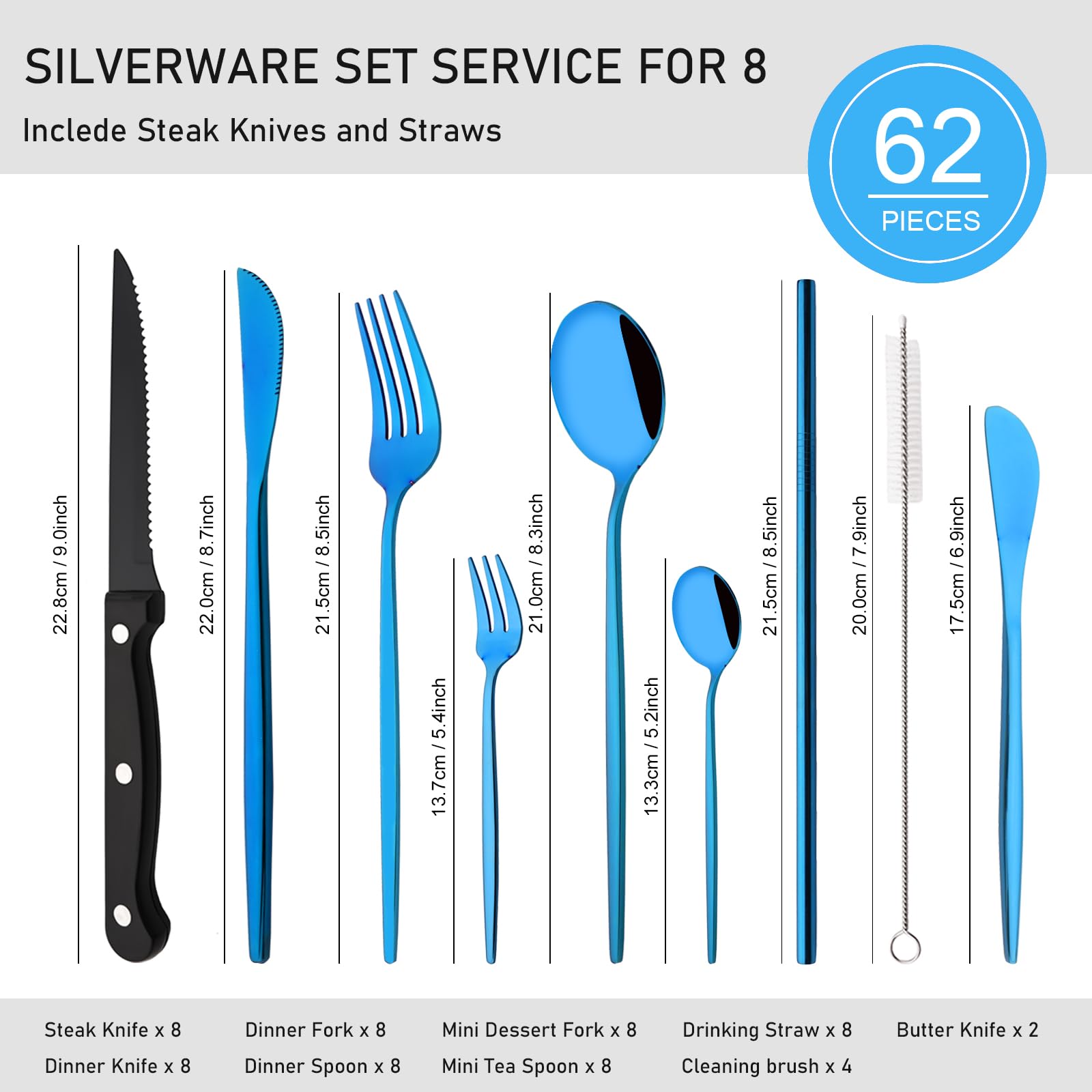 Uniturcky 62-Piece Blue Flatware Set for 8 Stainless Steel Silverware Set with Steak Knives, Plus Reusable Metal Straws and Butter Knives, Party Tableware Cutlery Set, Mirror Polished