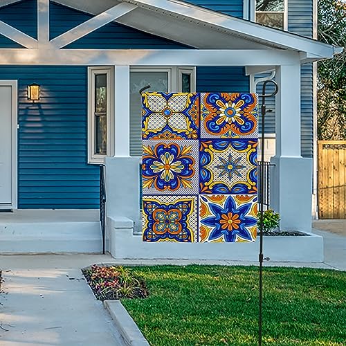Mexican Talavera Ceramic Tile Holiday Garden Flag Vertical Double Sized Durable Polyester Fabric Non-Fade Outdoor Decoration Flag Banner for Christmas Halloween 28x40in