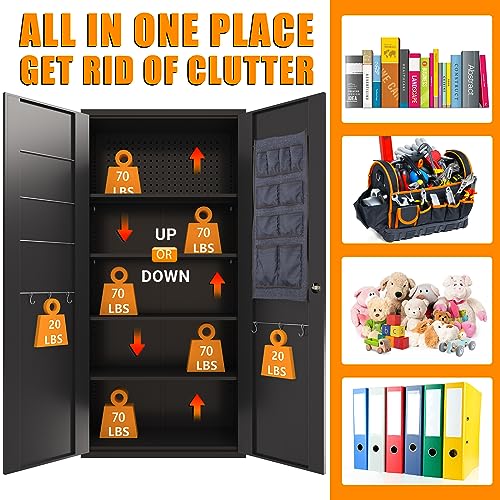 ANTISTA Metal Storage Cabinet - 72-Inch Black Lockable Garage Cabinet with Doors& 4 Adjustable Shelves | Heavy-Duty Steel Cabinet for Garage, Office, Pantry, Gym