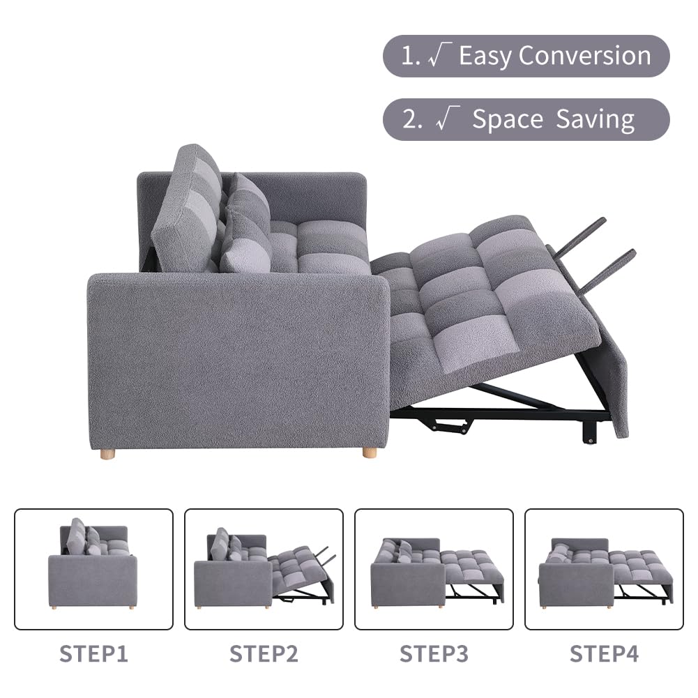 Loveseat Sleeper Sofa- 3 in 1 Convertible Sofa Bed,Pull Out Couch with Adjustable Backrest,Multi-Functional Lounge Chair with Teddy Fabric for Living Room,Small Space (Grey)