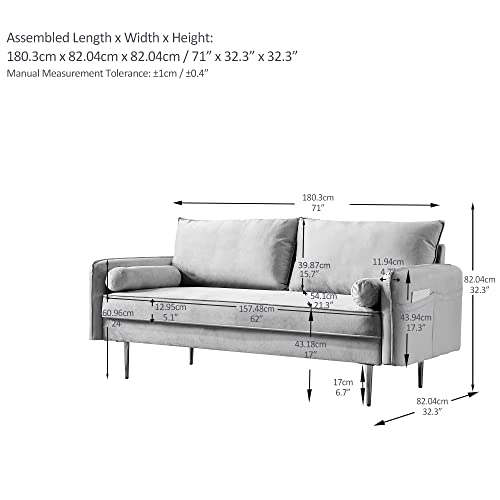 COULDWILL Velvet Small Sofa Mid-Century Modern Loveseat Couch with 2 Waist Pillows and Pockets, 71'' Comfy Sofa for Living Room and Studio, Blue