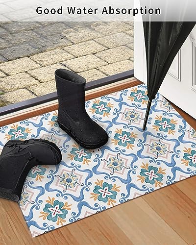 Front Entrance Floor Mats, Non Slip Bathroom/Kitchen Mat Absorbent Durable Small Rugs, St. Patrick's Day Four Leaf Clover Retro Tile Pattern Door Mat Indoor/Outdoor Carpet Shoes Scraper 16x24 inch