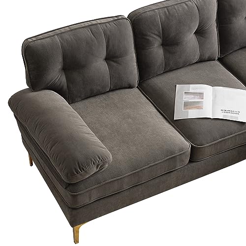 BIADNBZ 83" Velvet Sectional Sofa with Right Chaise, Modern L-Shaped Couch with Armrest for Living Room Bedroom Corner, Brown