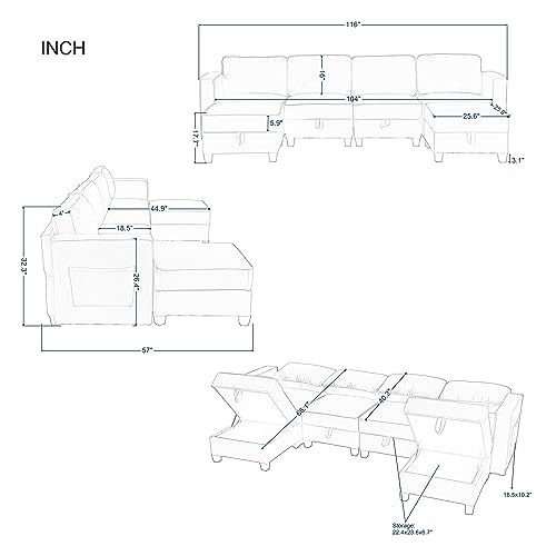 EMKK 116''Sectional Couch 6 Seats, Modular U Shaped Sofa with Ottomans, Large Chaise Reversible Sofá for Living Room,Velvet Reversible Sleeper Chaise Bed Storage Seat,w/Side Pocket