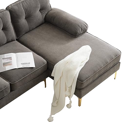 BIADNBZ 83" Velvet Sectional Sofa with Right Chaise, Modern L-Shaped Couch with Armrest for Living Room Bedroom Corner, Brown