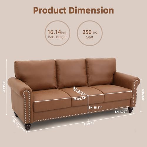 INMOZATA Leather Couch 80" Leather Sofa with Tufted Cushions Upholstery Sofa Modern 3-Seater Couch for Living Room, Apartment, Lounge Room,Light Brown
