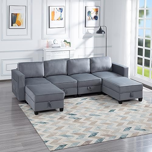 EMKK 116''Sectional Couch 6 Seats, Modular U Shaped Sofa with Ottomans, Large Chaise Reversible Sofá for Living Room,Velvet Reversible Sleeper Chaise Bed Storage Seat,w/Side Pocket