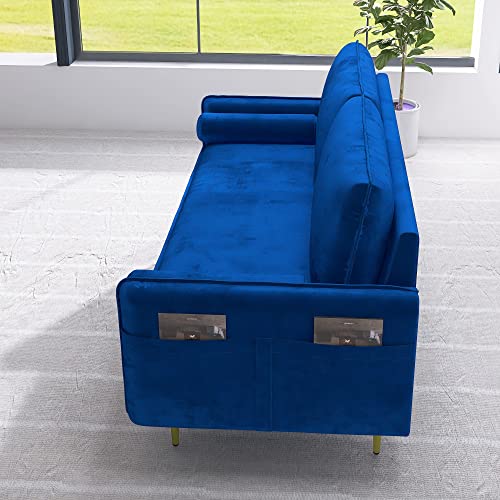 COULDWILL Velvet Small Sofa Mid-Century Modern Loveseat Couch with 2 Waist Pillows and Pockets, 71'' Comfy Sofa for Living Room and Studio, Blue