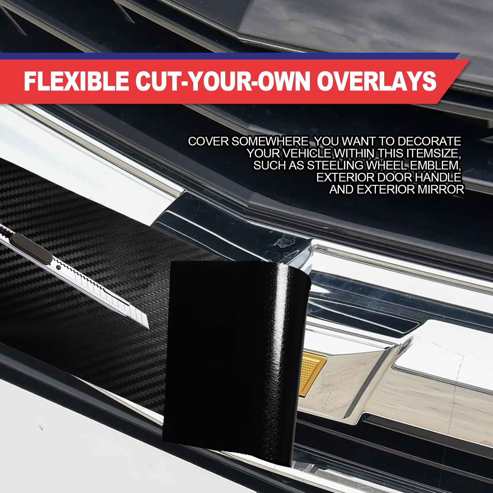 Compatible with 11.8" x 4" 3PCS Chevy Bowtie Emblem Logo Stickers Cut DIY Decals, 3 Pcs Universal Logo Overlay Carbon Fiber Black