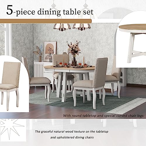 WOZNLA 5-Piece Kitchen Dining Table Set - Round Wood Table and 4 Classic Style Chairs - Perfect for Family Gatherings