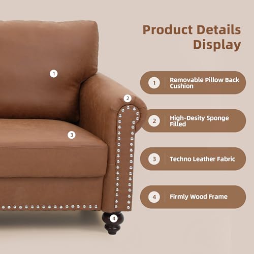 INMOZATA Leather Couch 80" Leather Sofa with Tufted Cushions Upholstery Sofa Modern 3-Seater Couch for Living Room, Apartment, Lounge Room,Light Brown