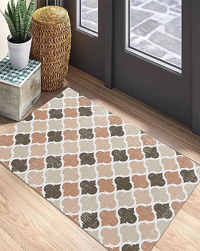 Front Entrance Floor Mats, Non Slip Bathroom/Kitchen Mat Absorbent Durable Small Rugs, Retro Geometric Morocco Tile Pattern Print Door Mat Indoor/Outdoor Carpet Shoes Scraper 18x30 inch