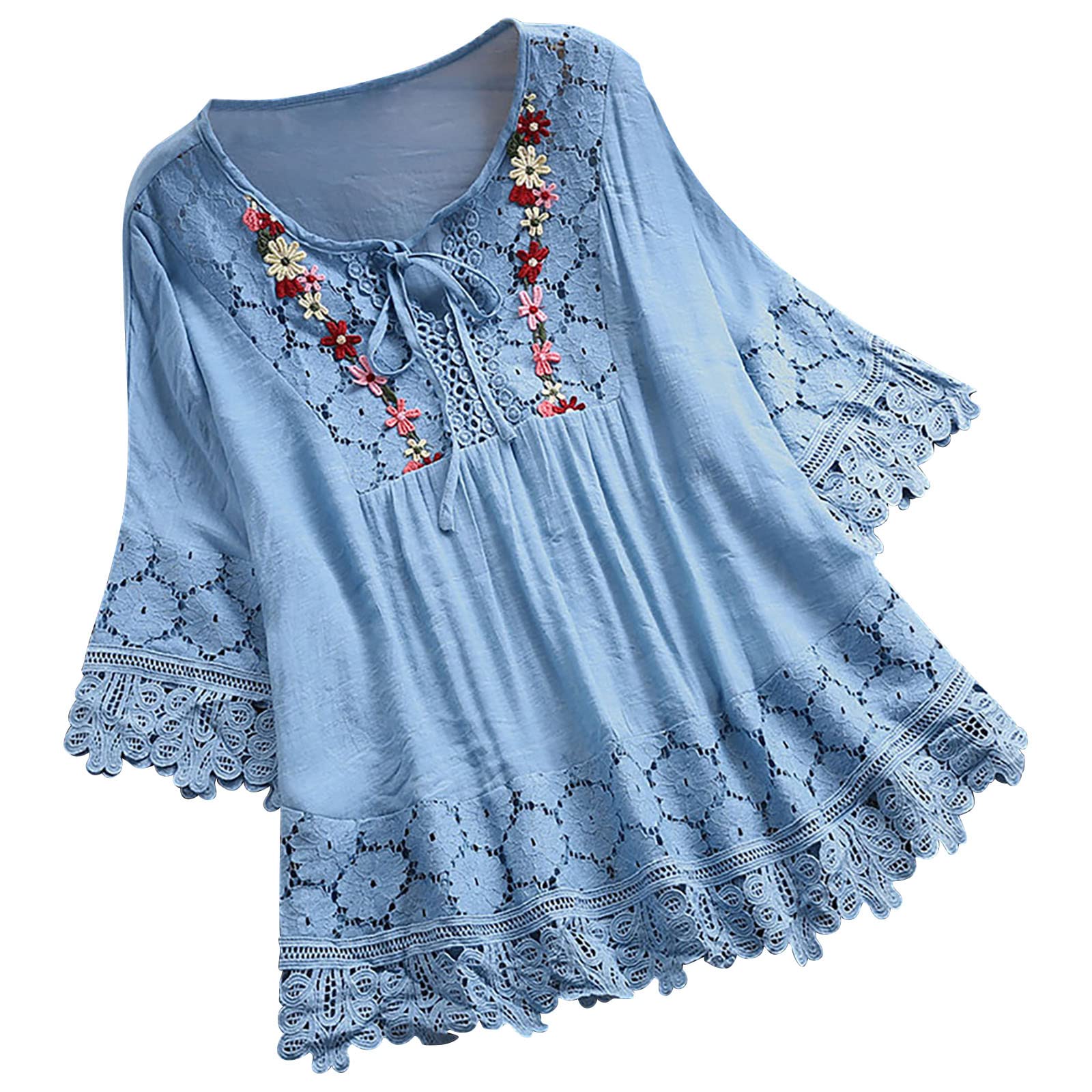 Womens 3/4 Sleeve Shirts Casual Bow V Neck Lace Tops Blouse Fashion Boho Shirts for Women