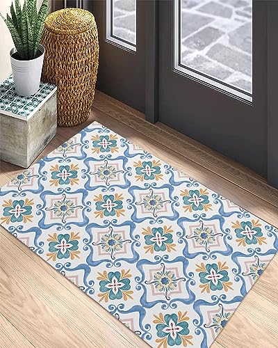 Front Entrance Floor Mats, Non Slip Bathroom/Kitchen Mat Absorbent Durable Small Rugs, St. Patrick's Day Four Leaf Clover Retro Tile Pattern Door Mat Indoor/Outdoor Carpet Shoes Scraper 16x24 inch
