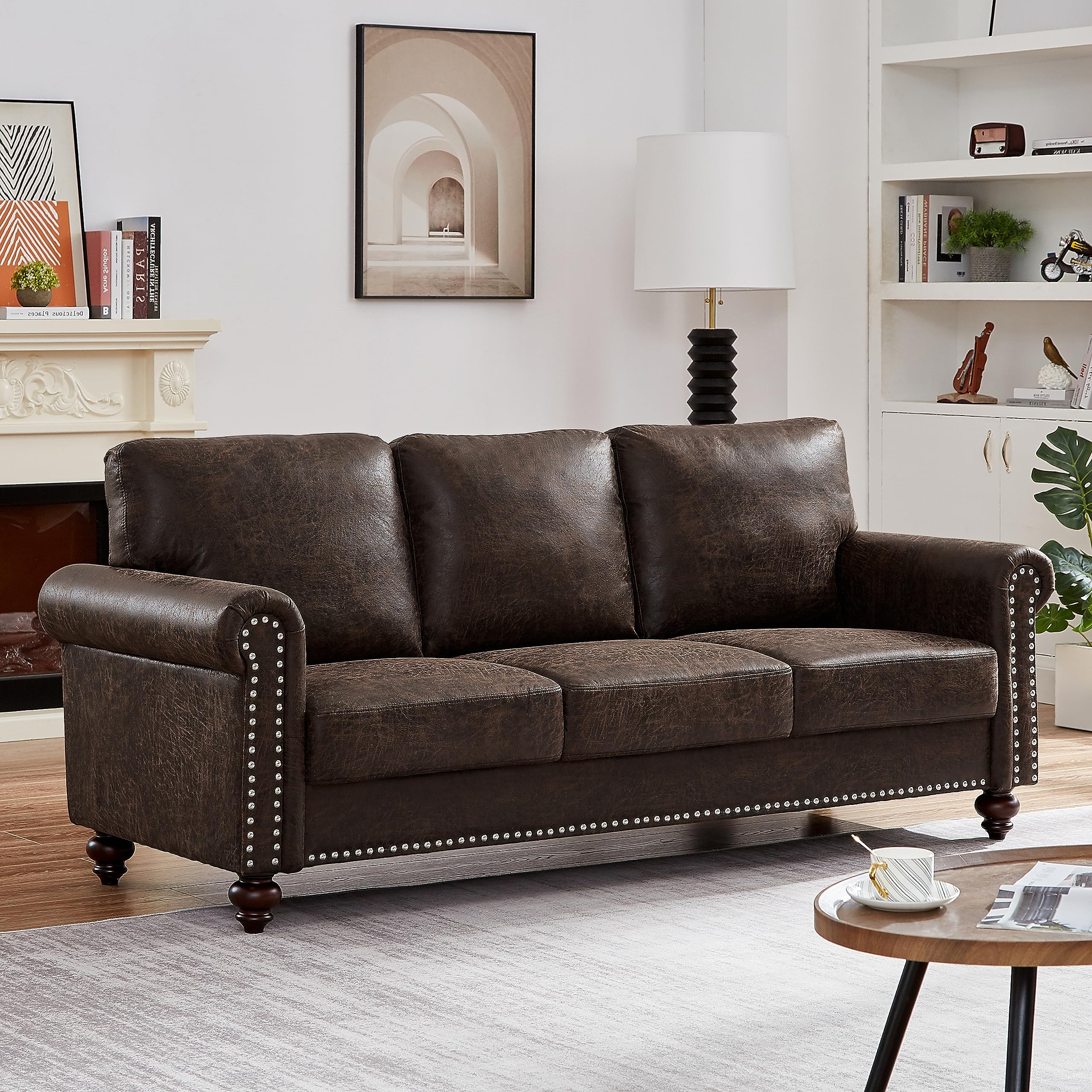 Livavege Loveseat, 80" Mid-Century Modern, Breathable Faux Leather Upholstered Cushions/Pillows, 3-Seat Sofas & Couches for Living Room Apartment Office, Dark Brown