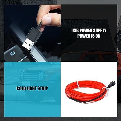 Jawmoy 1 PC Low Energy Consumption Electroluminescent Wire, USB Auto Neon Light Strip, EL Wire Interior Car Led Strip Lights, Car Ambient Lighting Kits, for Most Vehicles (Red)