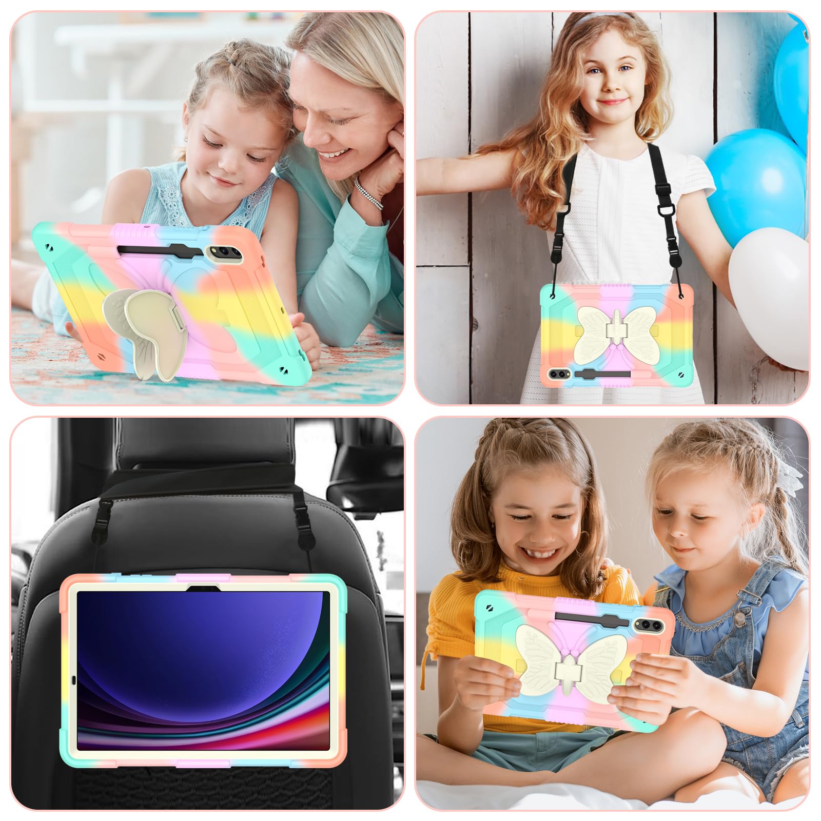 Hogenl Case for Samsung Galaxy Tab S10 Plus/Tab S9 FE Plus/Tab S9 Plus 5G Tablet 12.4'' Cover with Butterfly Stand Shoulder Strap and S Pen Holder Shockproof Full Protective for Kids Girls, Colorful