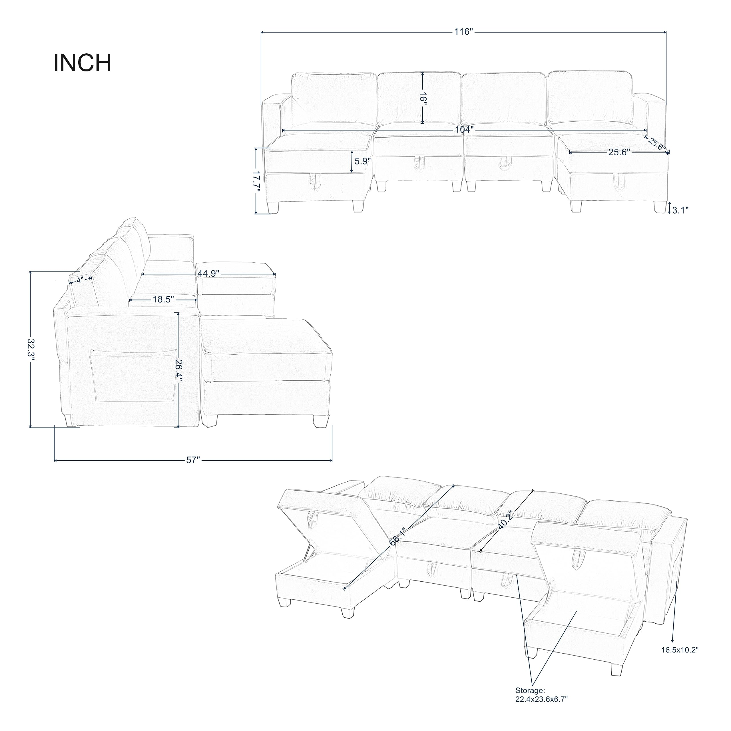EMKK 116''Sectional Couch 6 Seats, Modular U Shaped Sofa with Ottomans, Large Chaise Reversible Sofá for Living Room,Velvet Reversible Sleeper Chaise Bed Storage Seat,w/Side Pocket