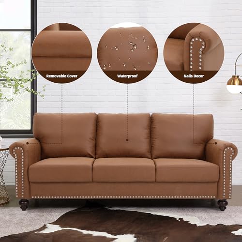 INMOZATA Leather Couch 80" Leather Sofa with Tufted Cushions Upholstery Sofa Modern 3-Seater Couch for Living Room, Apartment, Lounge Room,Light Brown