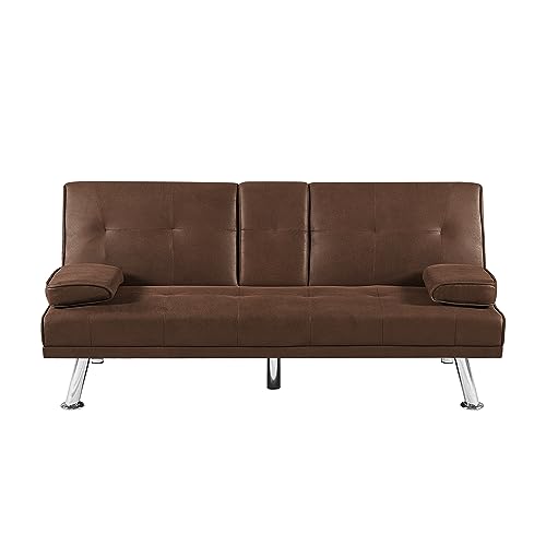 Haplized Leather Futon Sofa Bed, Convertible Folding Couch with Armrest and 2 Cupholders, Sofa Bed Couch for Living Room, Small Place (Coffee)