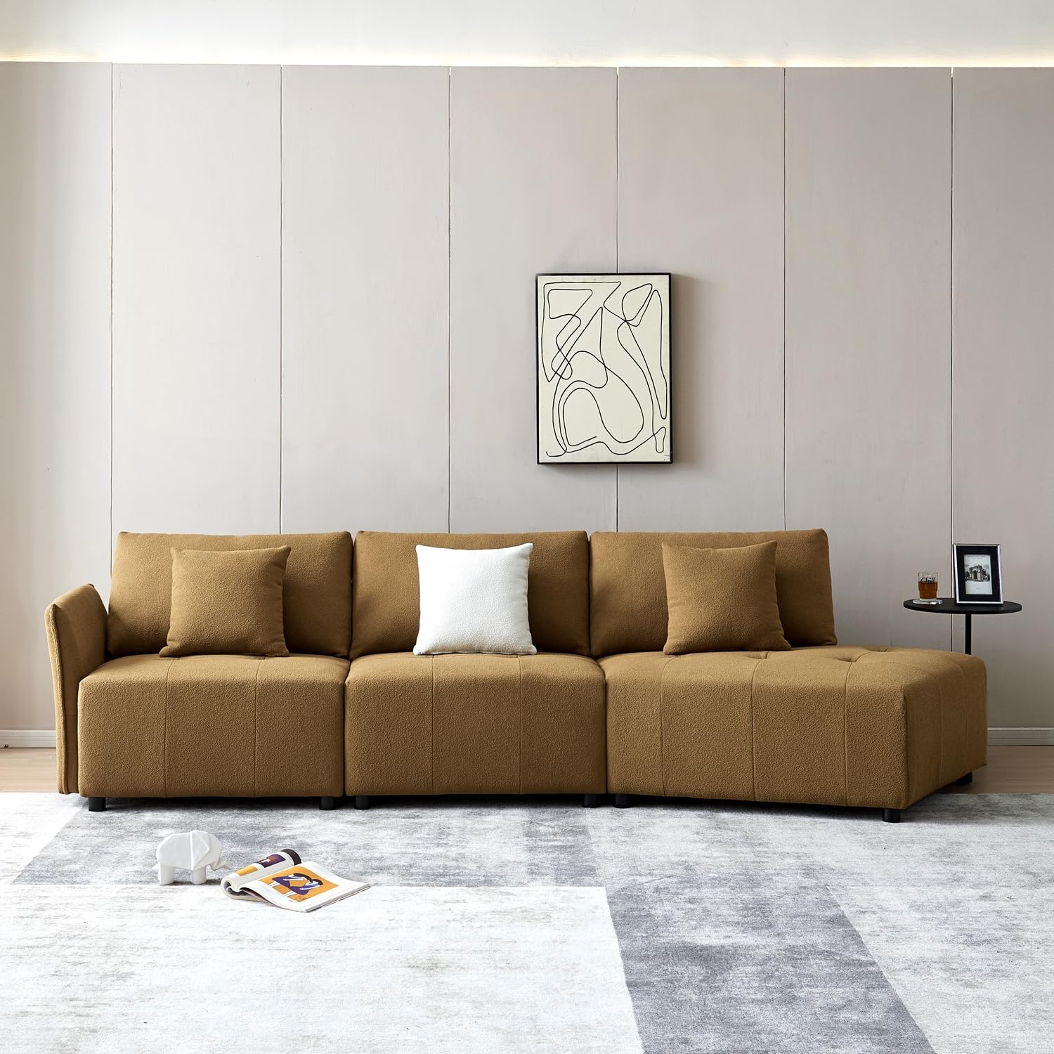 kevinplus 120'' Sectional Sofa Couch for Living Room, Modern Contemporary Sofa Couch with Curved Tufted Seat, Sofa Couch with Throw Pillow for Apartment, Teddy Fabric, Dark Yellow
