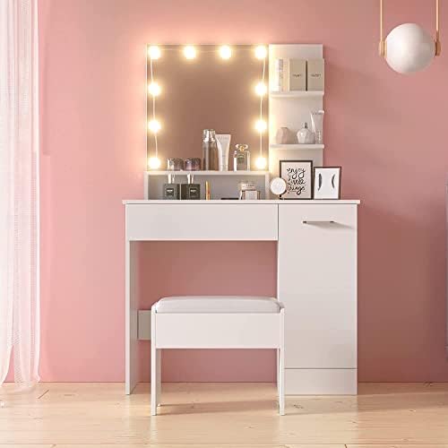 Makeup Vanity Table, Make Up Vanity Desk with Large Mirror and 10 LED Lights, Brightness Adjustable, Dresser Table Desk with Drawers & Shelves, Bedroom Vanitys Desk for Girls Women, White, New