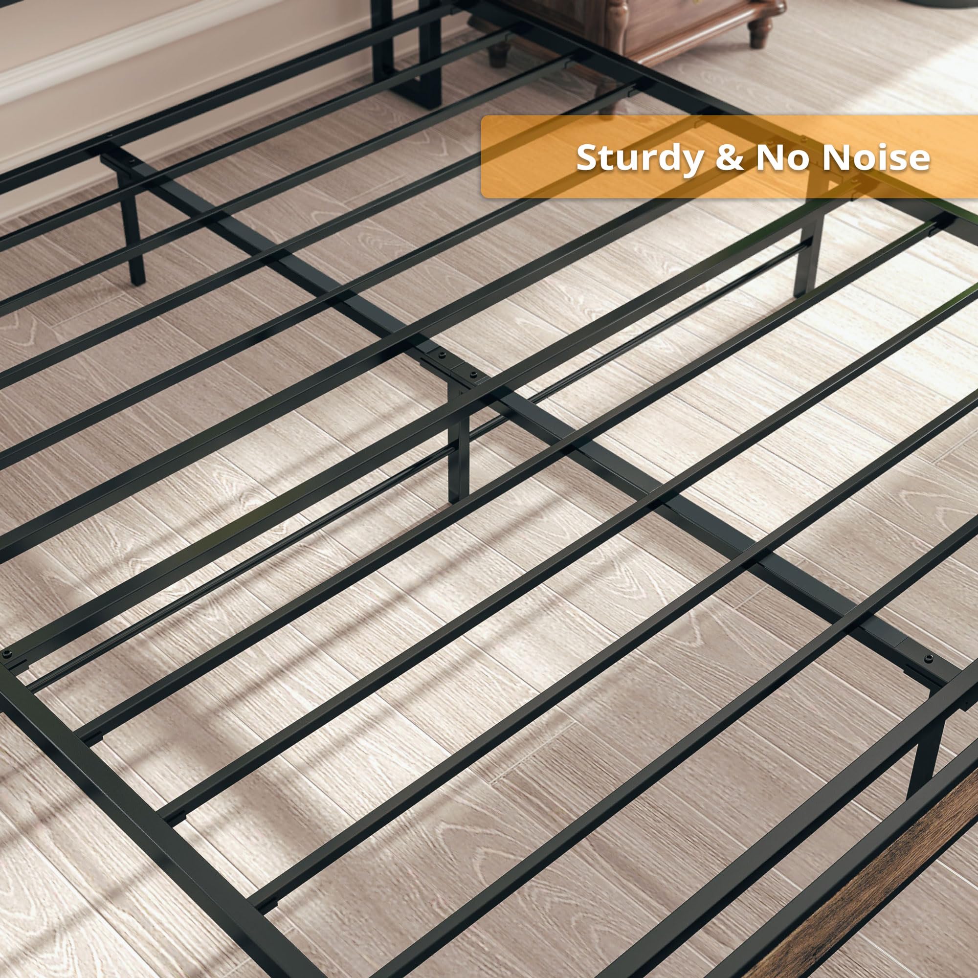 LIKIMIO Full Size Bed Frame, Storage Headboard with Charging Station, Solid and Stable, Noise Free, No Box Spring Needed, Easy Assembly (Walnut and Beige)
