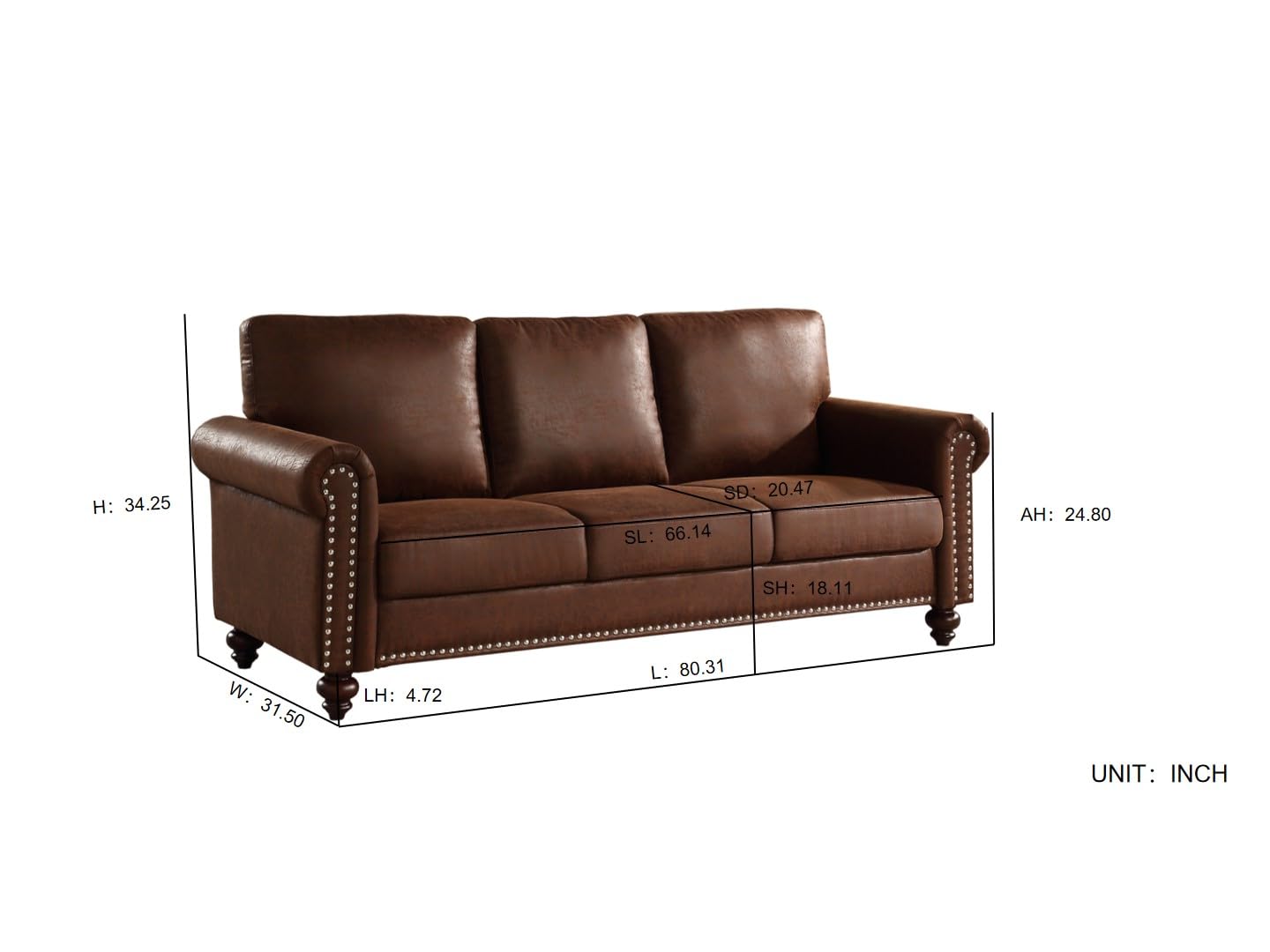 Livavege Loveseat, 80" Mid-Century Modern, Breathable Faux Leather Upholstered Cushions/Pillows, 3-Seat Sofas & Couches for Living Room Apartment Office, Dark Brown