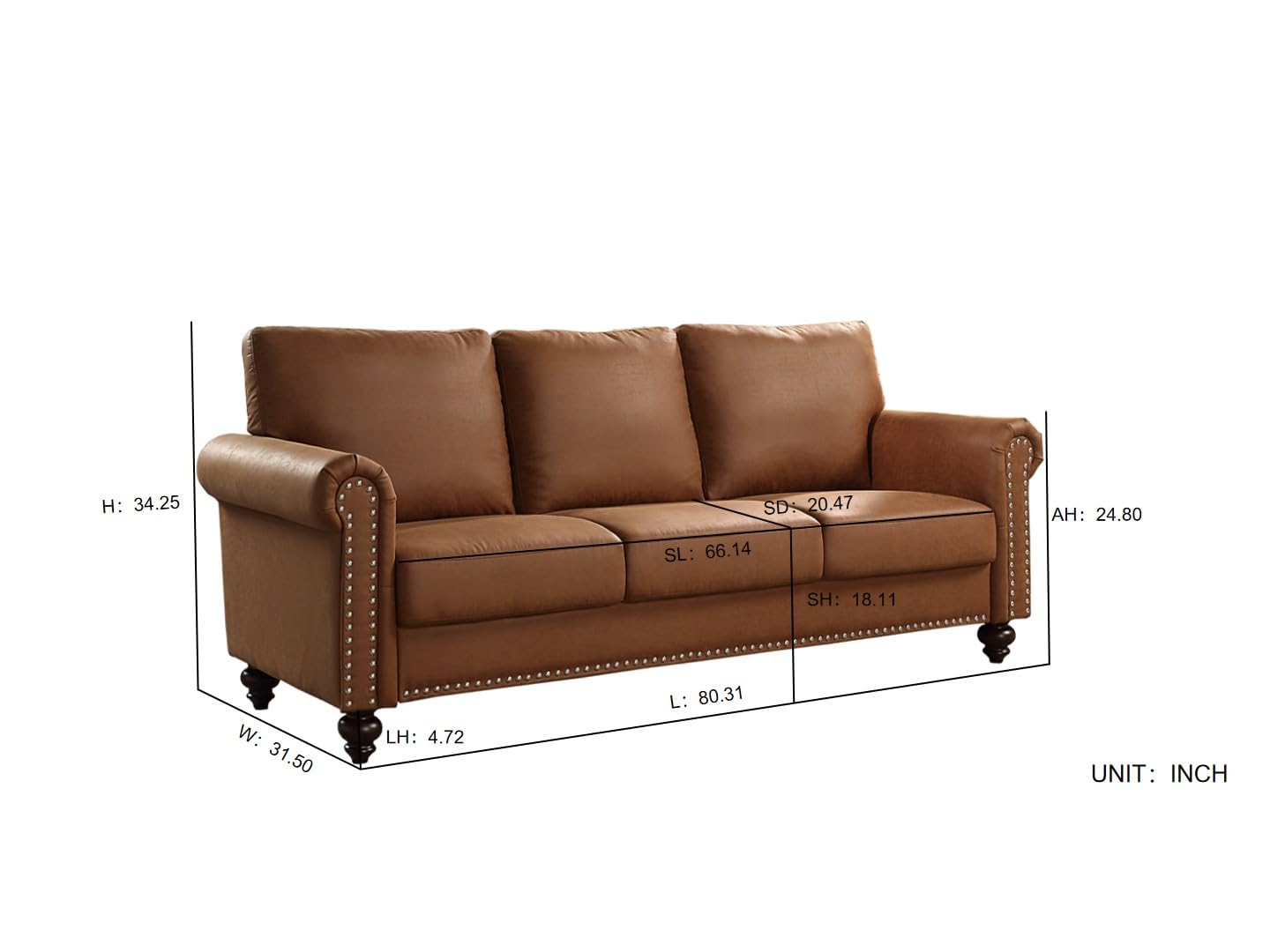Livavege, 80" Mid-Century Modern, Breathable Faux Leather Upholstered Cushions/Pillows, 3-Seat Sofas & Couches for Living Room Apartment Office, Light Brown
