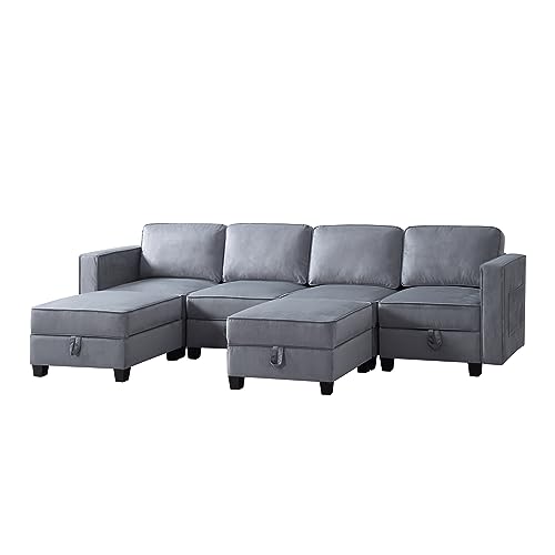 EMKK 116''Sectional Couch 6 Seats, Modular U Shaped Sofa with Ottomans, Large Chaise Reversible Sofá for Living Room,Velvet Reversible Sleeper Chaise Bed Storage Seat,w/Side Pocket