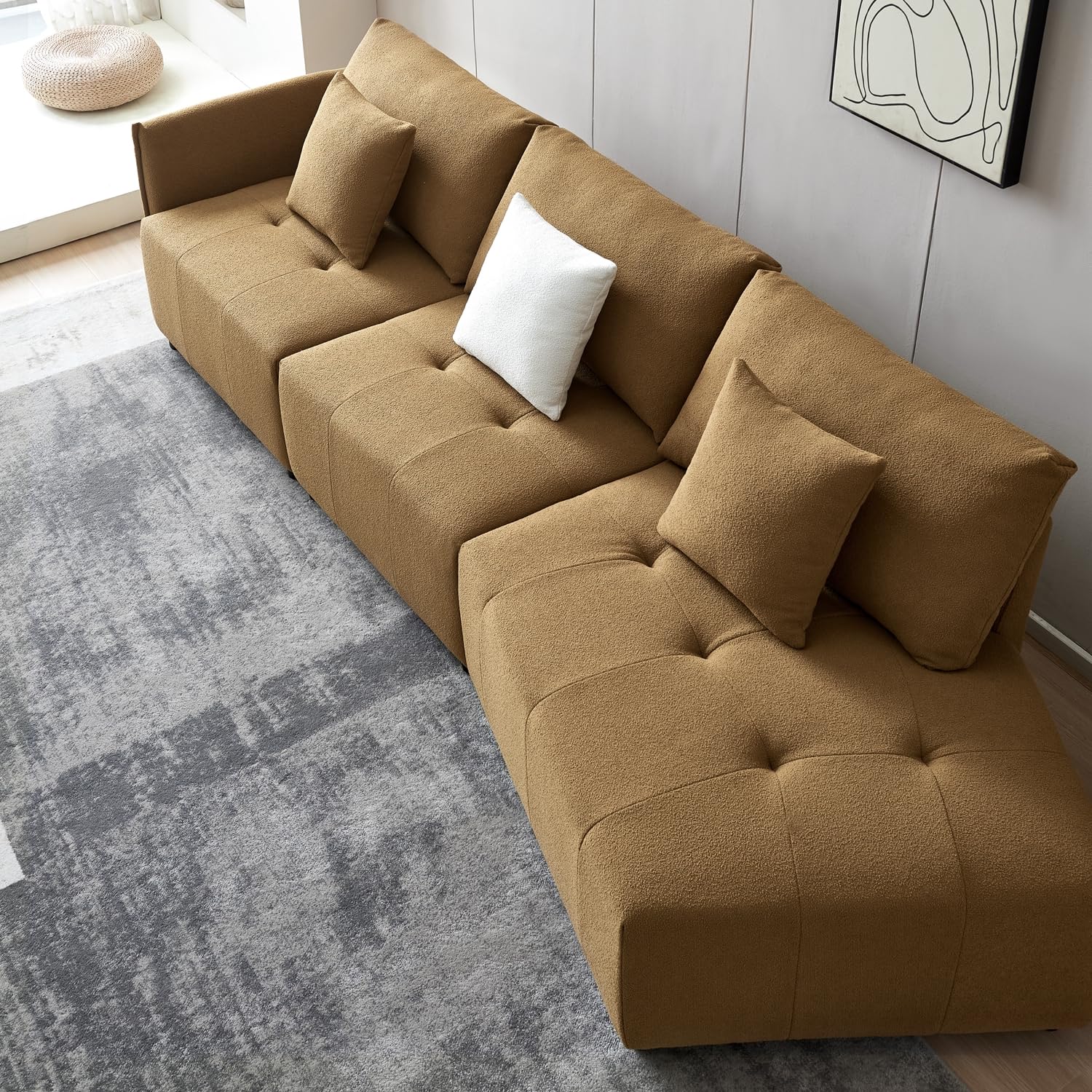 kevinplus 120'' Sectional Sofa Couch for Living Room, Modern Contemporary Sofa Couch with Curved Tufted Seat, Sofa Couch with Throw Pillow for Apartment, Teddy Fabric, Dark Yellow