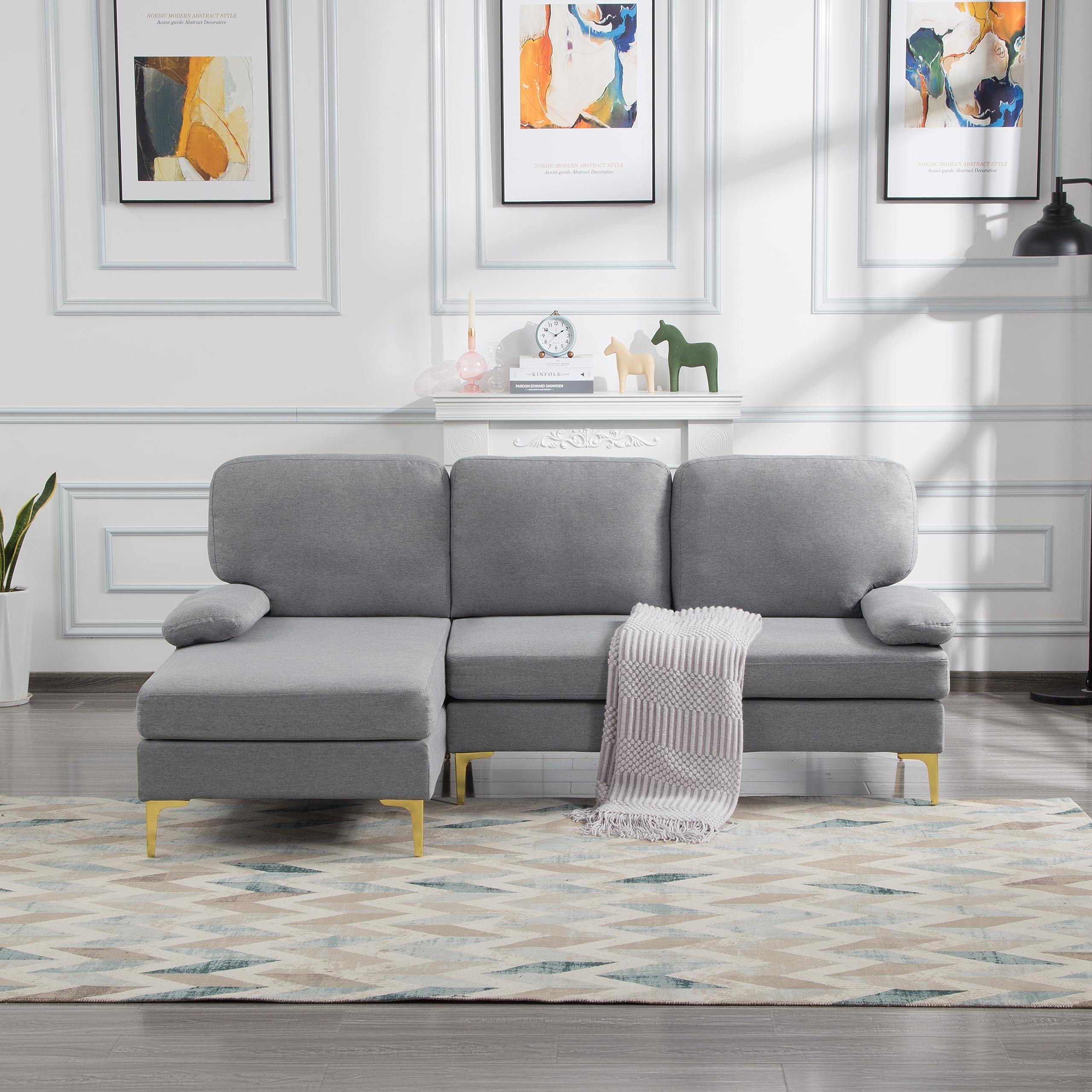 POCIYIHOME 79.5" Left Hand Facing Sectional Sofa Couch with 2 Detachable Armrest Pillows, Modern Fabric 3-Seater L Shape Chaise with Metal Legs for Living Room,Apartment,Office, Polyester, Light Grey