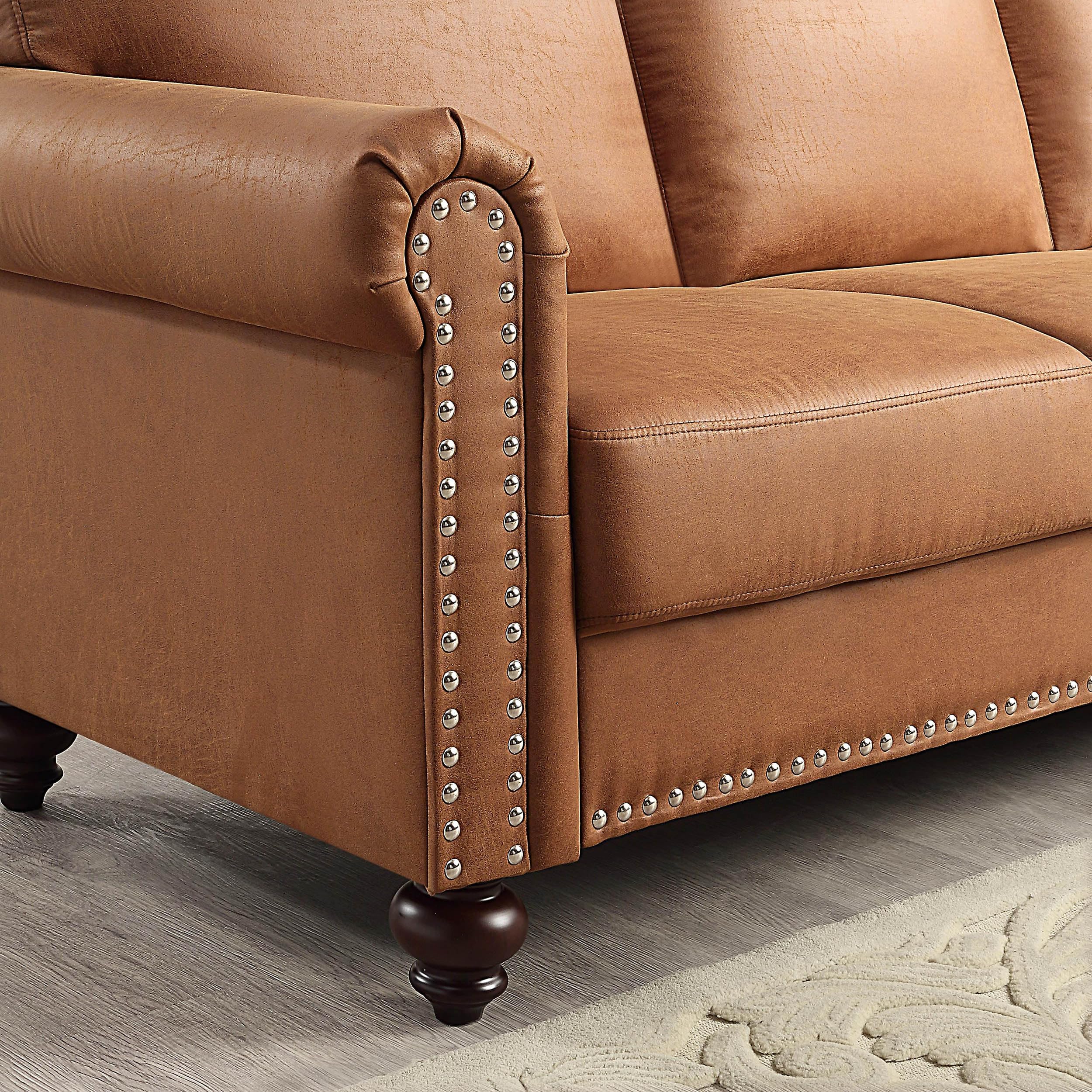 Livavege, 80" Mid-Century Modern, Breathable Faux Leather Upholstered Cushions/Pillows, 3-Seat Sofas & Couches for Living Room Apartment Office, Light Brown