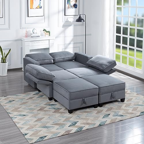 EMKK 116''Sectional Couch 6 Seats, Modular U Shaped Sofa with Ottomans, Large Chaise Reversible Sofá for Living Room,Velvet Reversible Sleeper Chaise Bed Storage Seat,w/Side Pocket