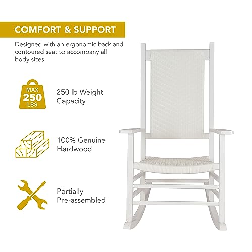 Shine Company Set of 2 Hampton Porch Rockers, High Back Wood Rocking Chairs, Rattan Backrest & Seat, 2-Pack, White