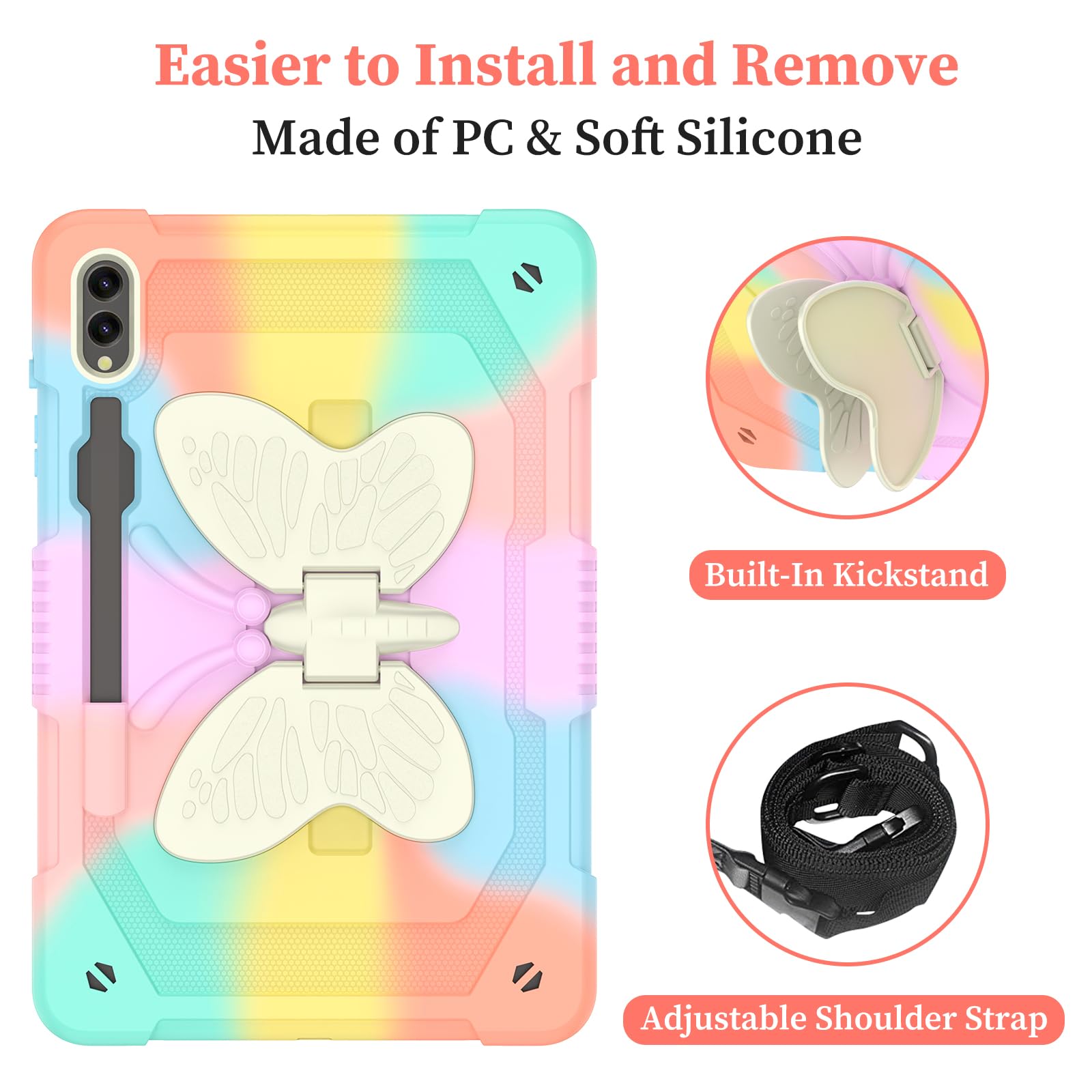 Hogenl Case for Samsung Galaxy Tab S10 Plus/Tab S9 FE Plus/Tab S9 Plus 5G Tablet 12.4'' Cover with Butterfly Stand Shoulder Strap and S Pen Holder Shockproof Full Protective for Kids Girls, Colorful