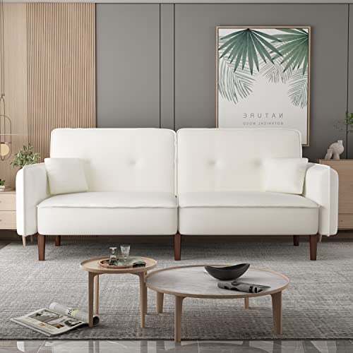 Modern Tufted Futon Sofa Bed for Home Apartment, Living Room 2 Seaters Loveseat Sofa&Couch Convertible Sleeper Sofabed, 3 in 1 Love Seat Napping Couch with Wood Legs and Pillows