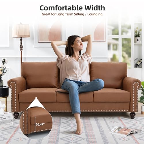 INMOZATA Leather Sofa Couch 80" Mid-Century Modern Sofa Wood Couches with with Nailhead Trim, Upholstery 3-Seater Sofa for Living Room, Apartment, Lounge Room,Light Brown